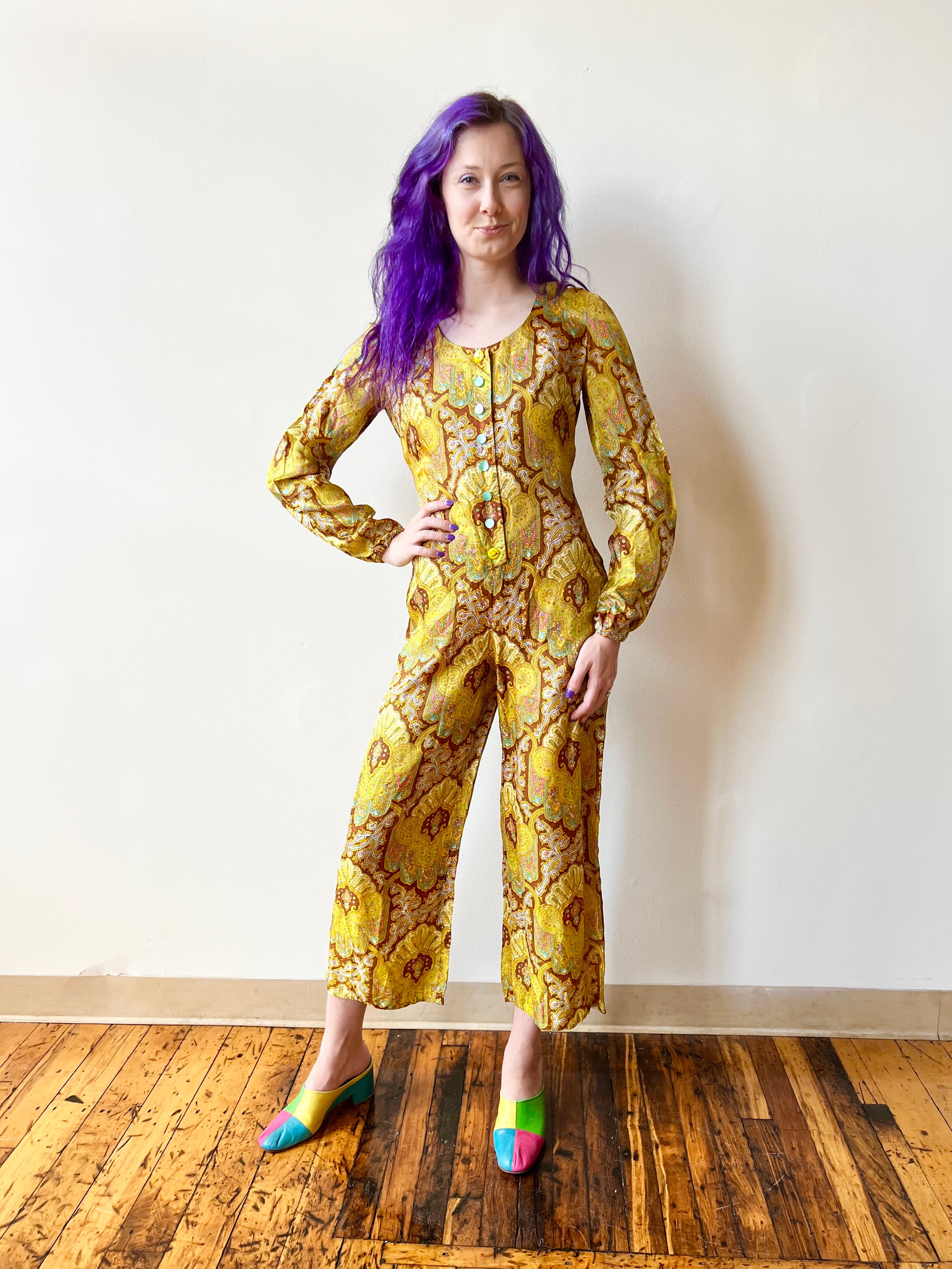 70’s Yellow Paisley Satin Smiley Face Button Jumpsuit Palazzo Culotte ...